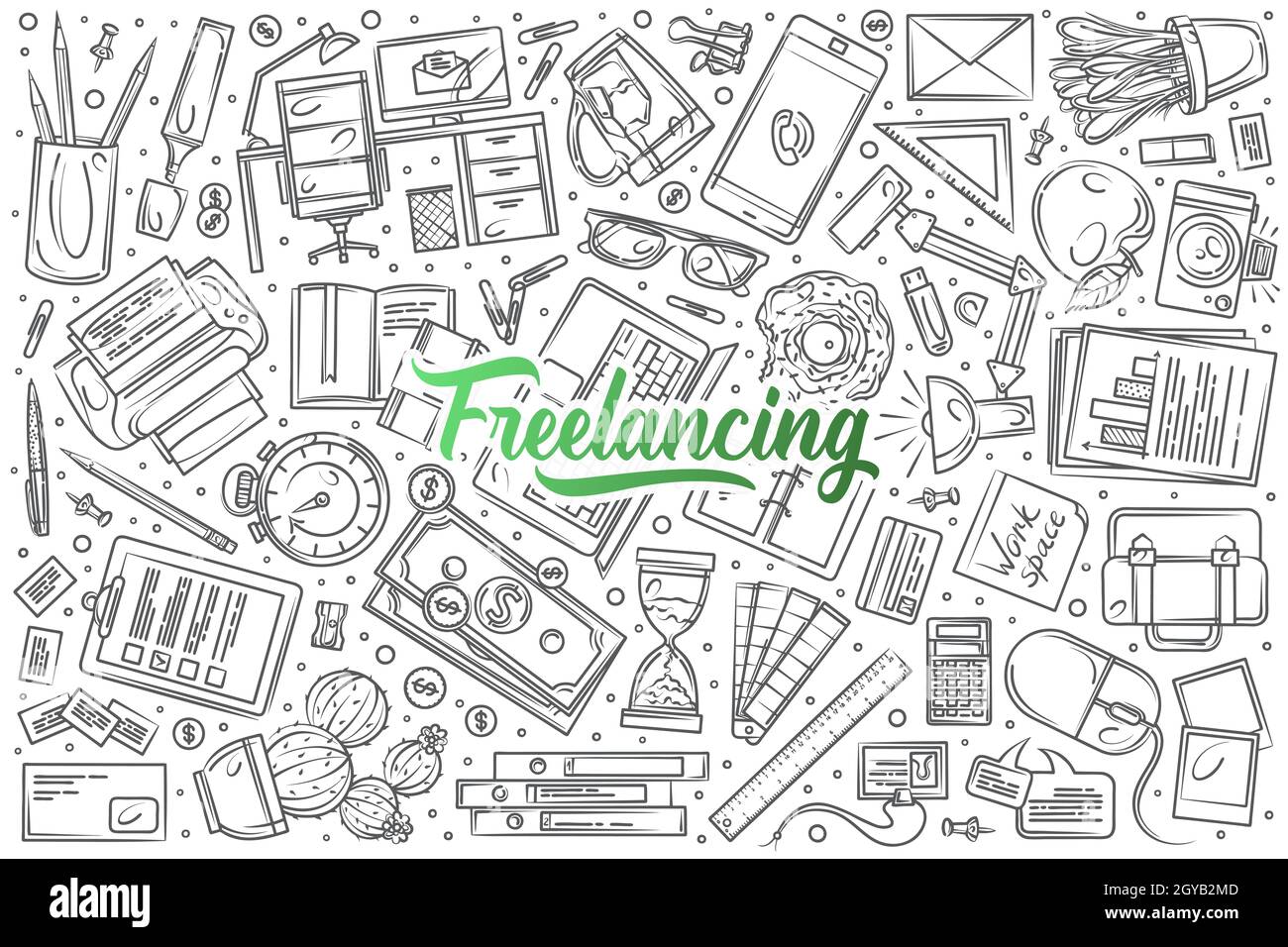 Hand drawn freelancing set doodle vector illustration background Stock ...