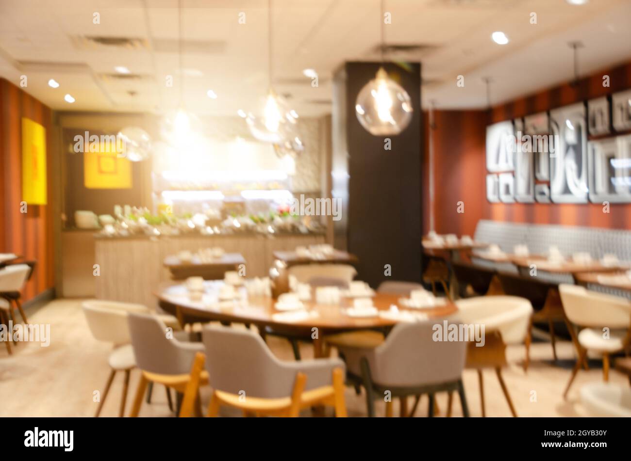 Abstract blurred breakfast buffet at hotel restaurant interior for ...