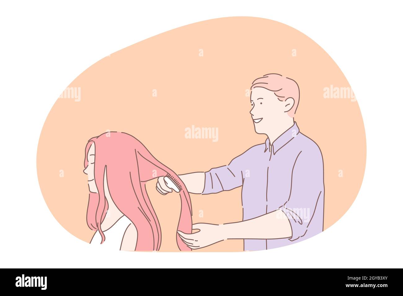 Hairdresser during work, hairstylist brushing hair concept. Young ...