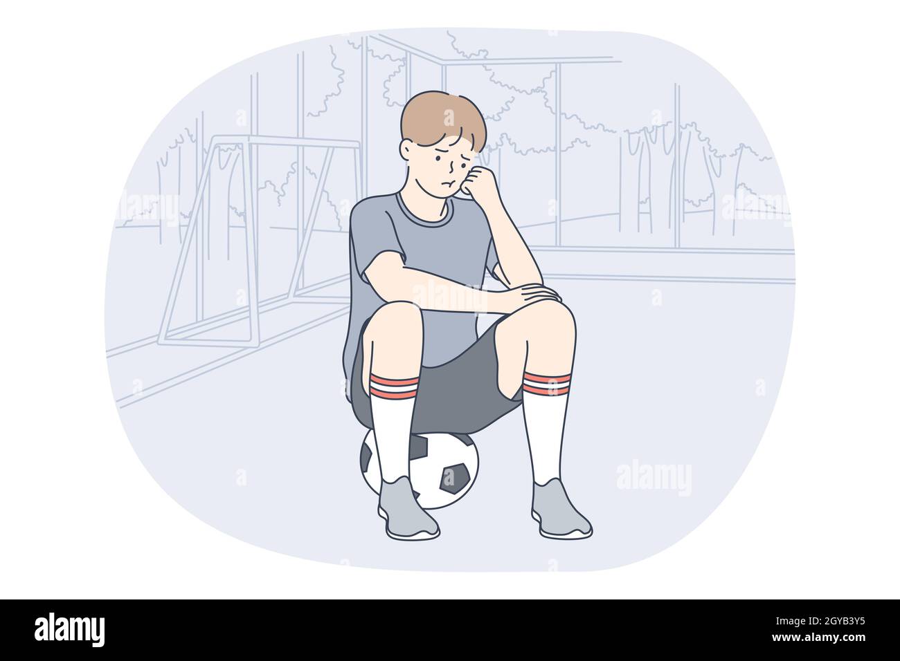 Professional football player, soccer ball, sport concept. Young unhappy ...