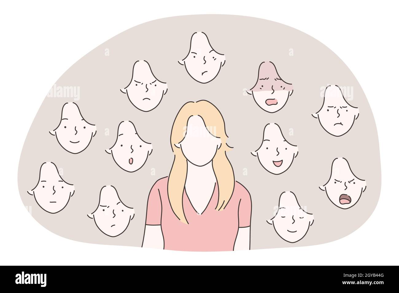 Variety of emotions and facial expressions concept. Young woman cartoon ...