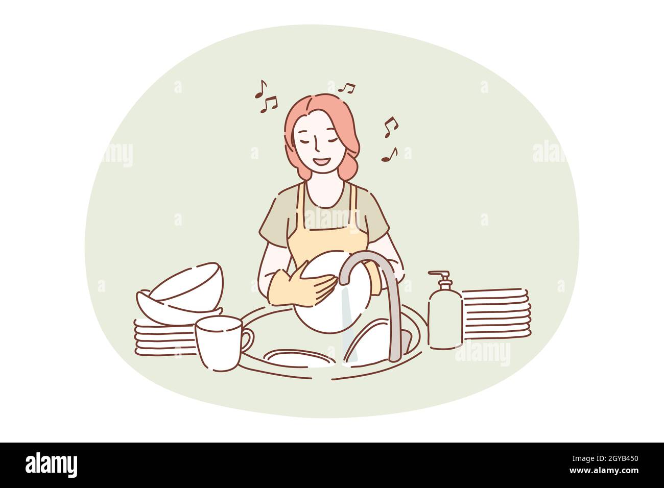 Washing dishes, housework, cleaning concept. Young smiling woman ...