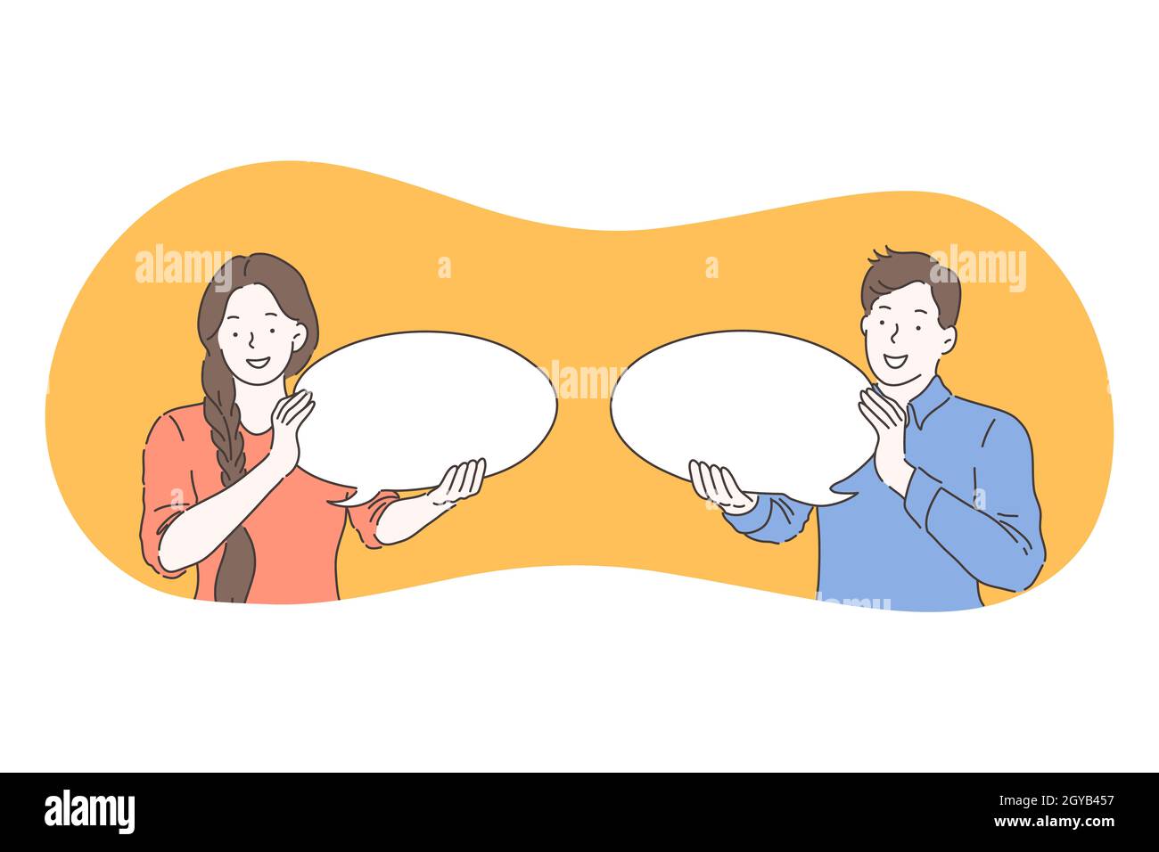 Communication, connection, chat concept. Young smiling woman and man ...