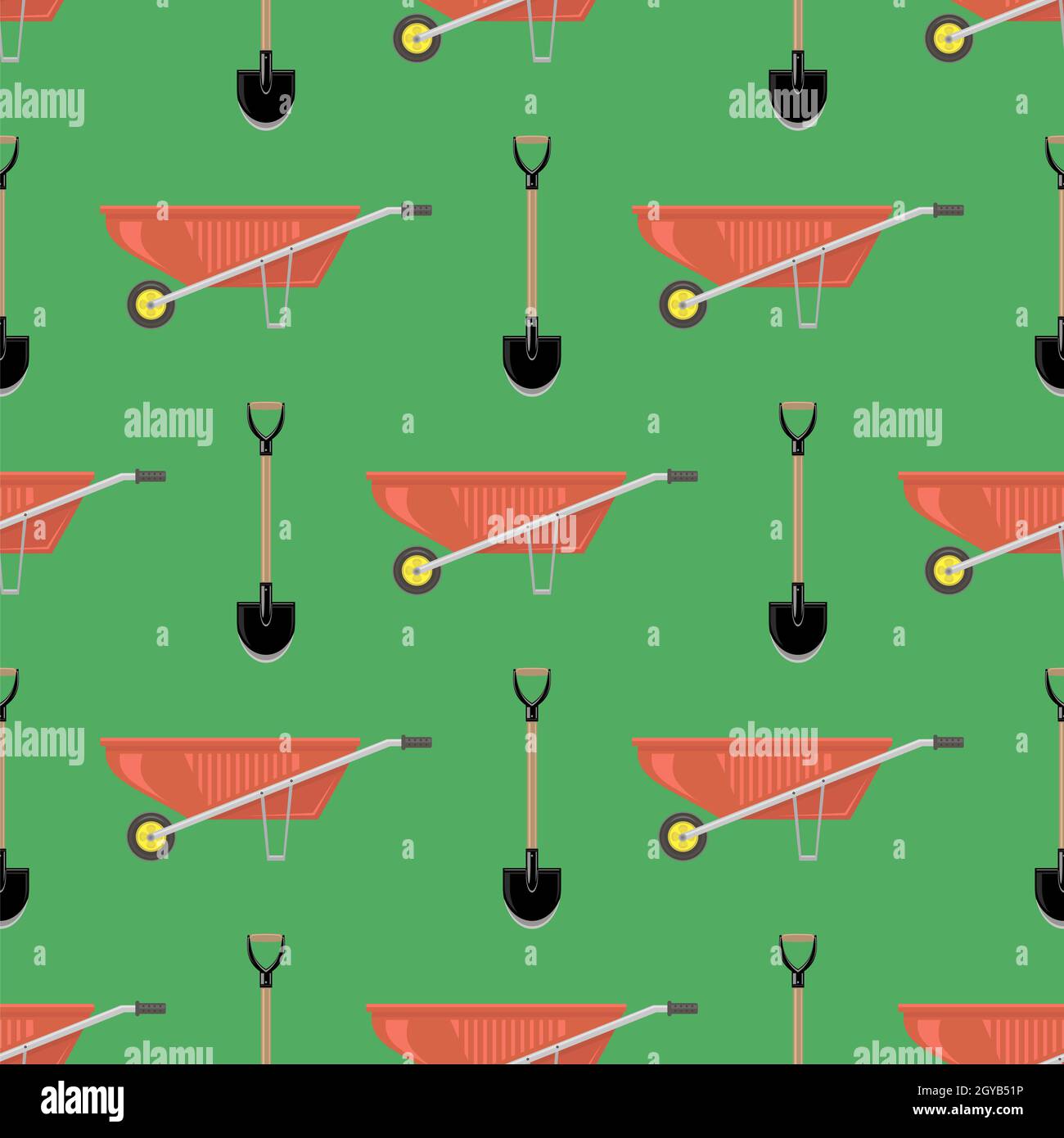 Red Wheelbarrow and Garden Shovel Isolated on Green Background ...