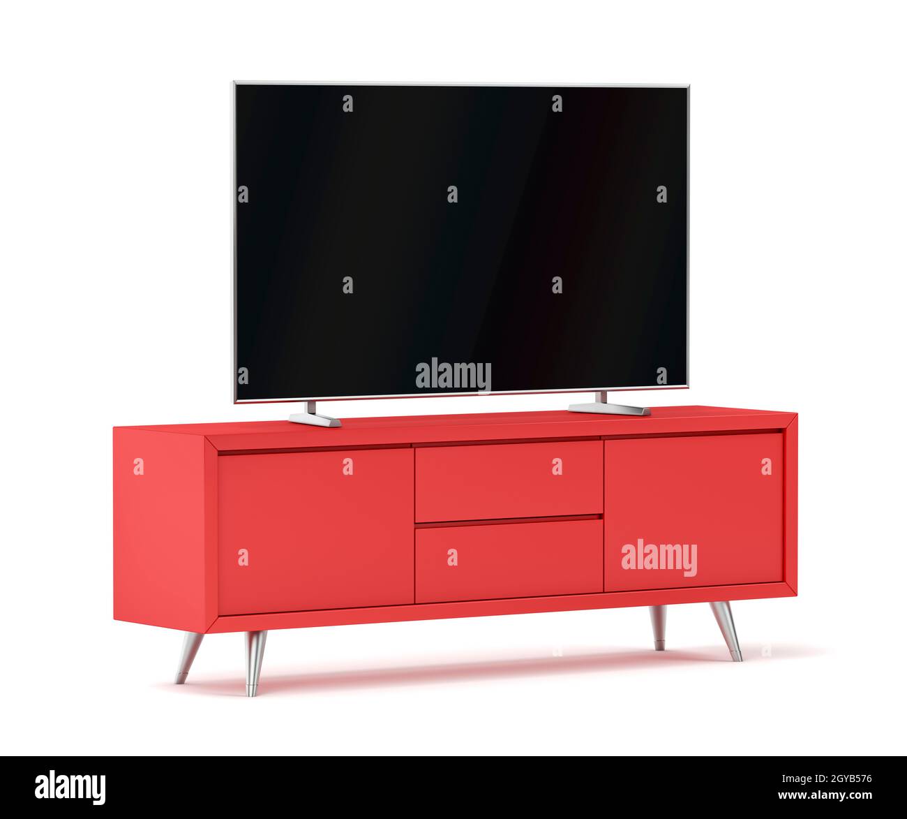 Red modern tv cabinet and big flat screen tv on white background Stock ...