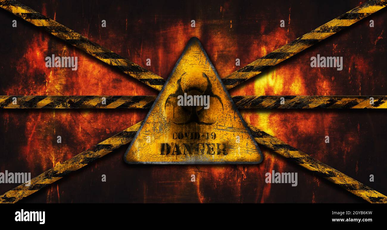 Biohazard sign and caution tape over blazing fire and flames 3D ...