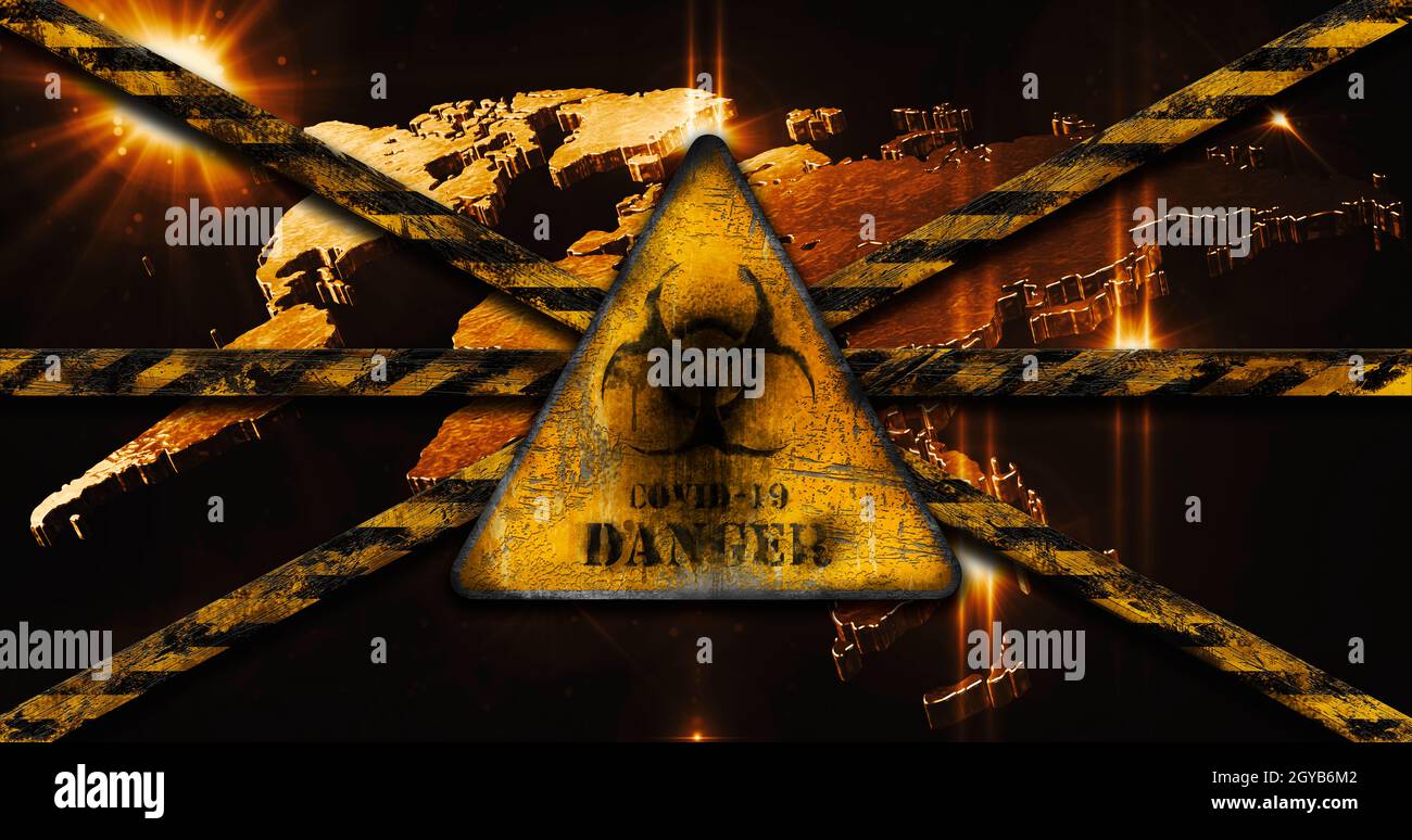 Biohazard sign and caution tape over world map blazing in fire and ...