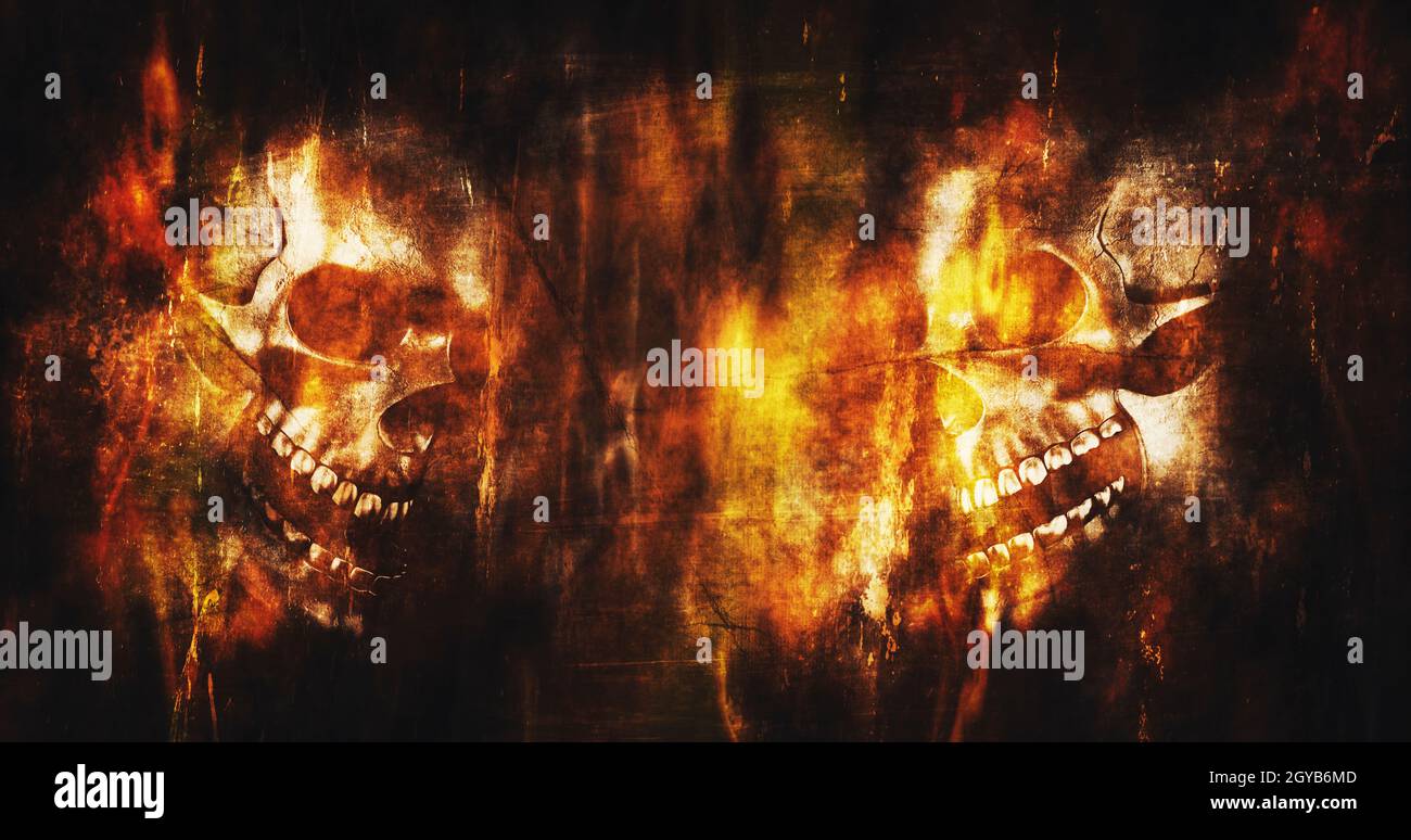 Human Skulls burning in blazing fire 3D Rendering. Grunge and worn look ...