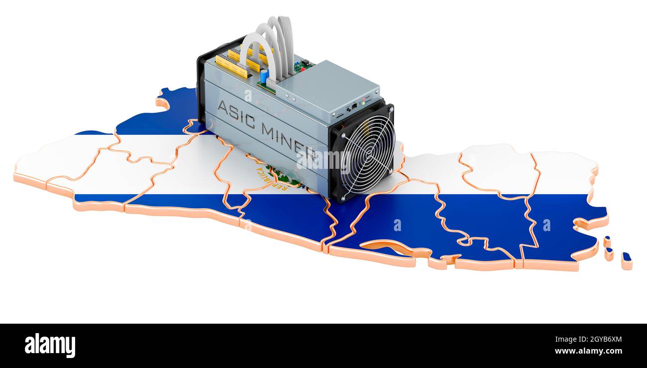 Mining in El Salvador, concept. ASIC miner with Salvadoran map. 3D rendering isolated on white ...