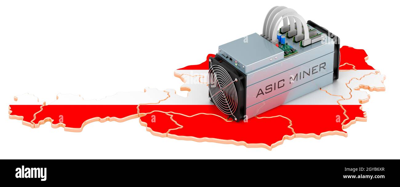 Mining in Austria, concept. ASIC miner with Austrian map. 3D rendering isolated on white ...