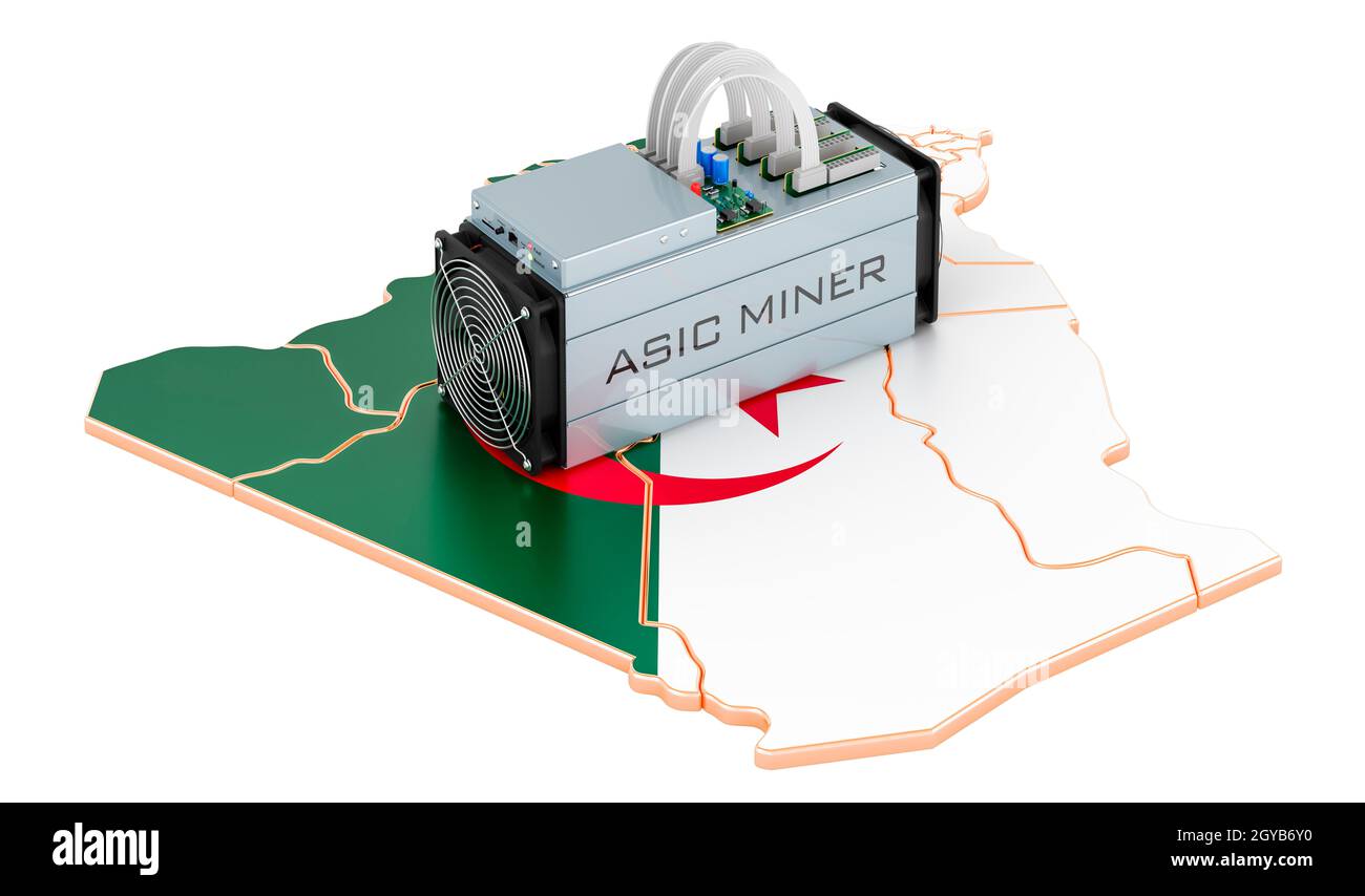 Mining in Algeria, concept. ASIC miner with Algerian map. 3D rendering isolated on white ...