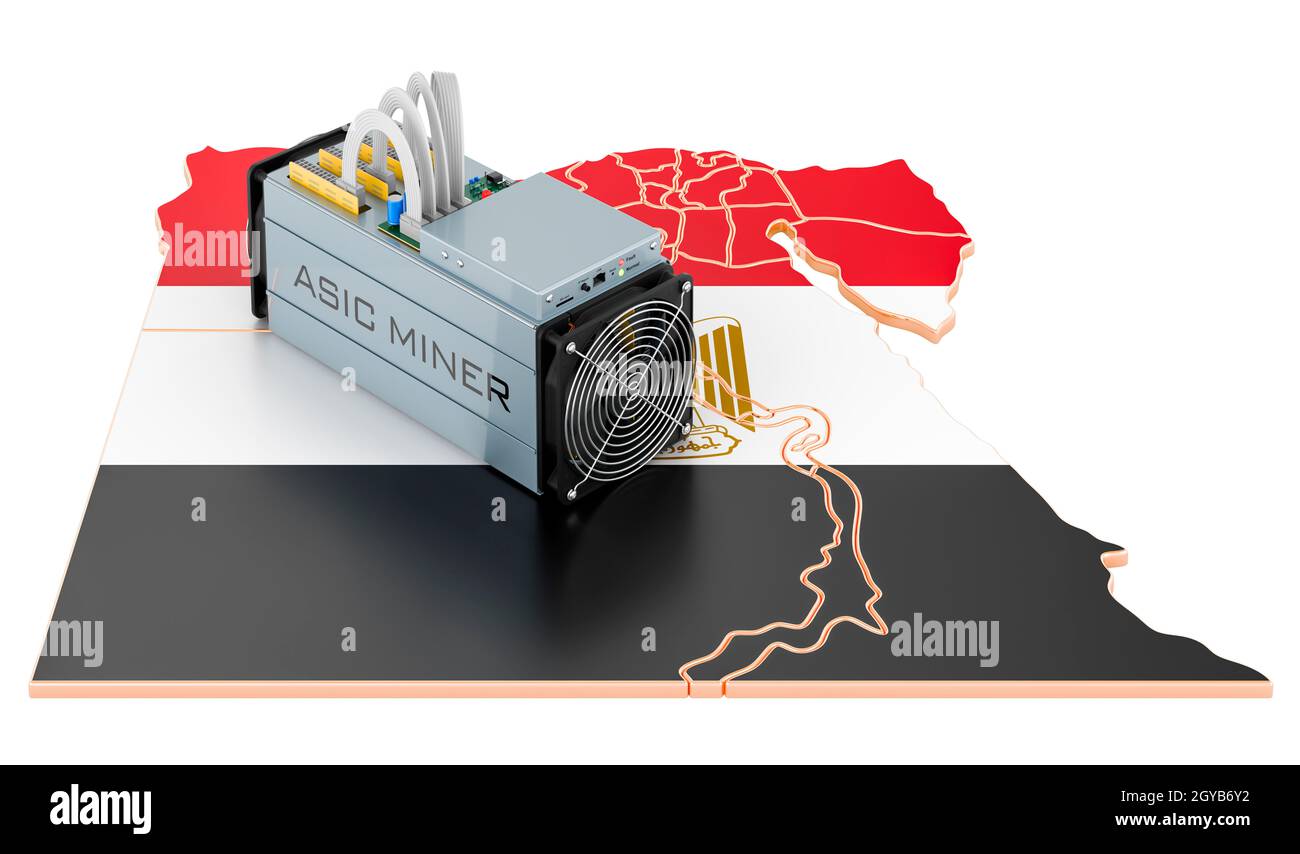 Mining in Egypt, concept. ASIC miner with Egyptian map. 3D rendering ...