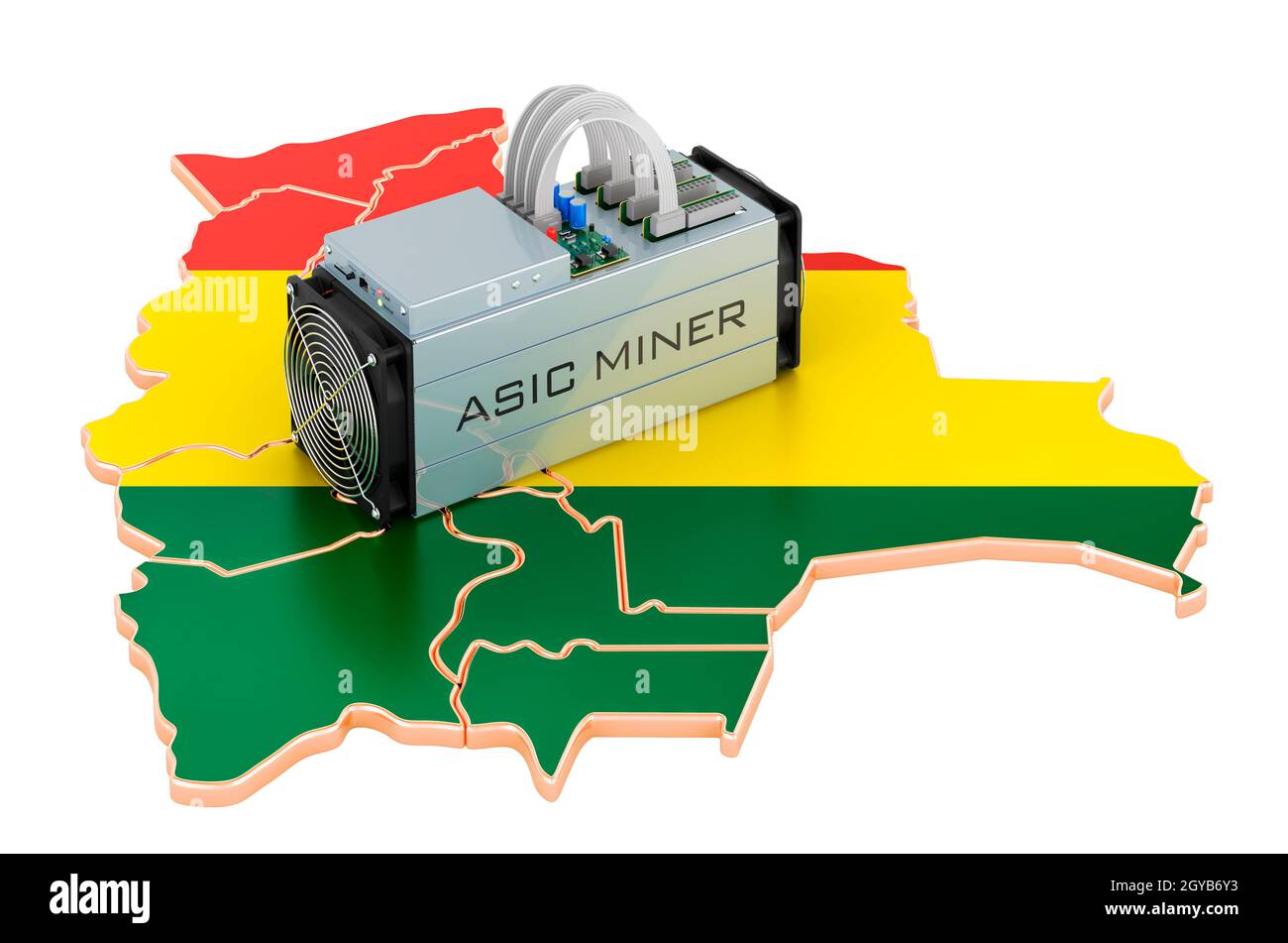 Mining in Bolivia, concept. ASIC miner with Bolivian map. 3D rendering ...