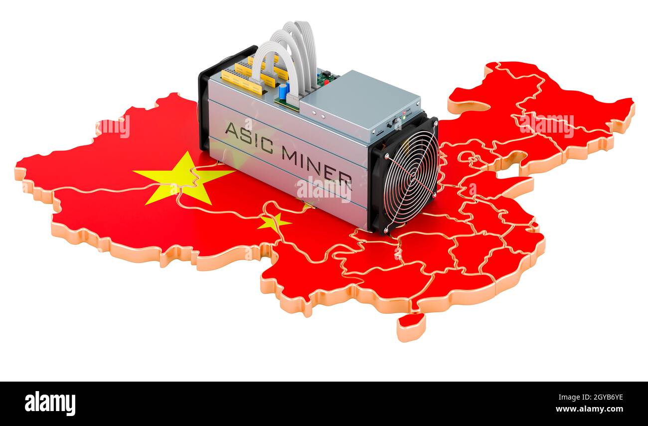 Mining in China, concept. ASIC miner with Chinese map. 3D rendering isolated on white background ...