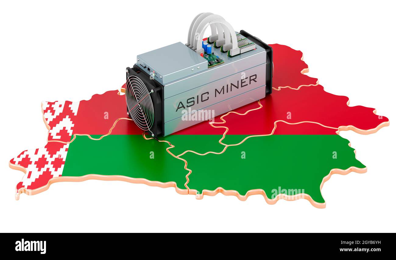 Mining in Belarus, concept. ASIC miner with Belarusian map. 3D ...