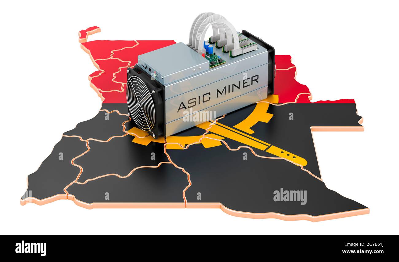 Mining in Angola, concept. ASIC miner with Angolan map. 3D rendering ...