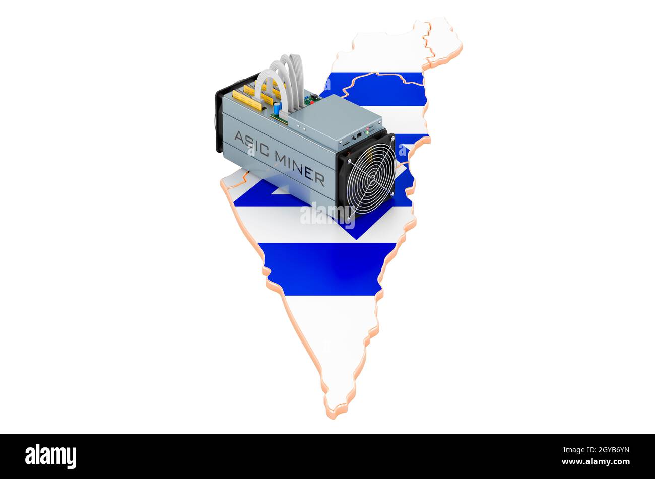 Mining in Israel, concept. ASIC miner with Israeli map. 3D rendering ...