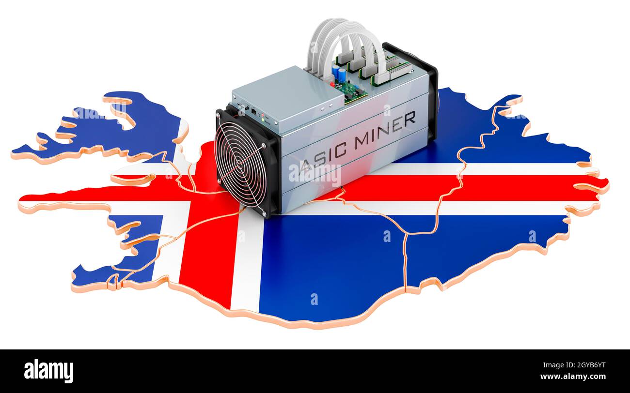 Mining in Iceland, concept. ASIC miner with Icelandic map. 3D rendering ...