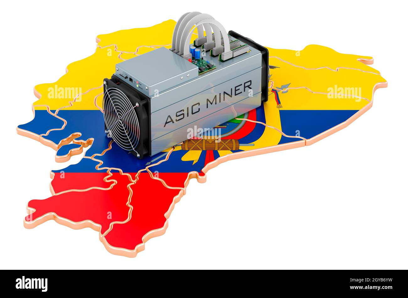 Mining in Ecuador, concept. ASIC miner with Ecuadorian map. 3D ...