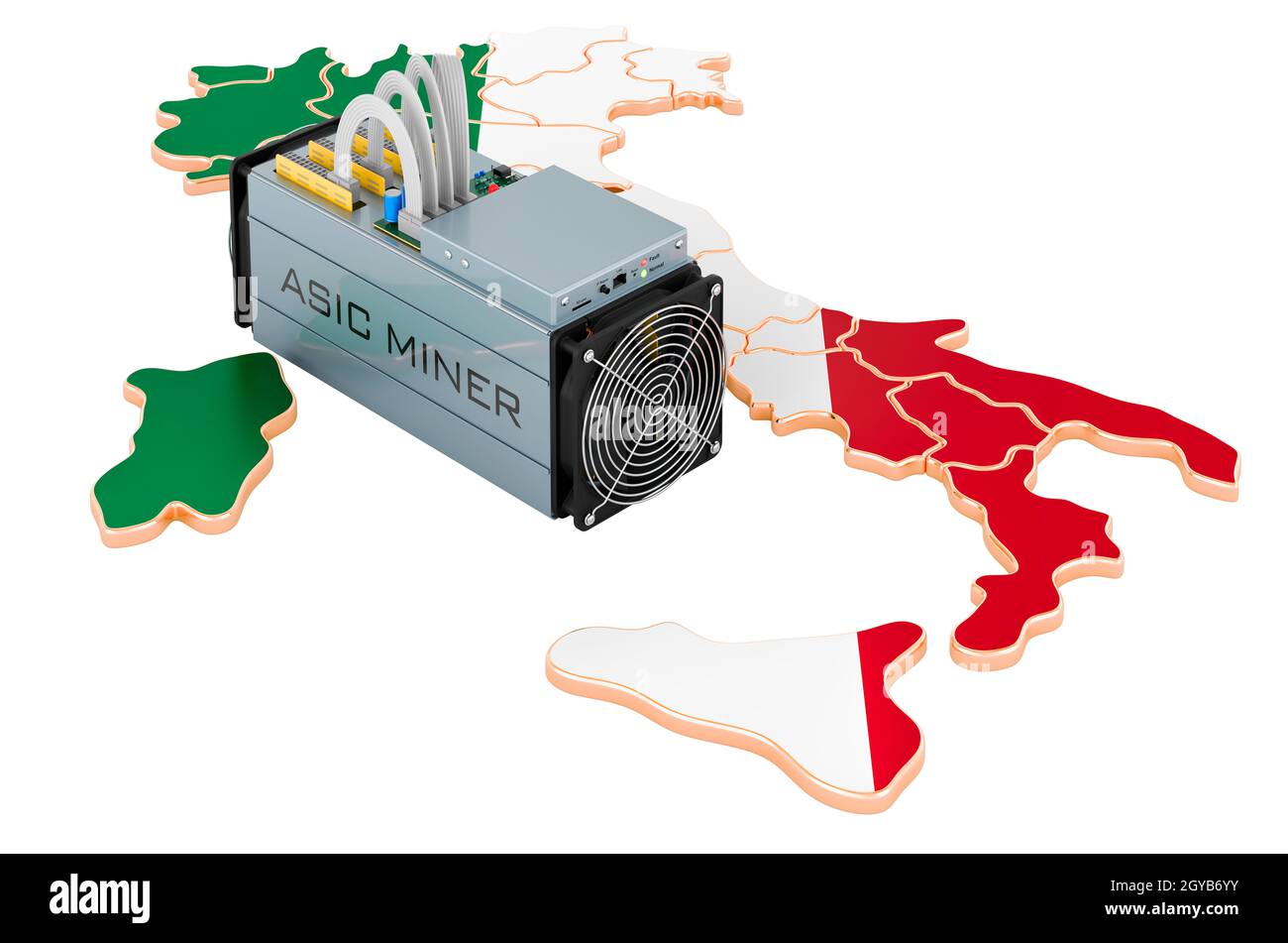 Mining in Italy, concept. ASIC miner with Italian map. 3D rendering ...