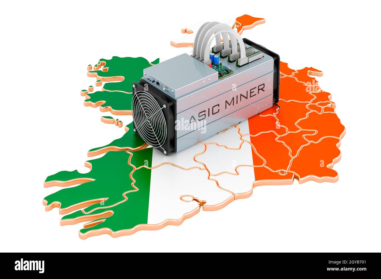 Mining in Ireland, concept. ASIC miner with Irish map. 3D rendering ...
