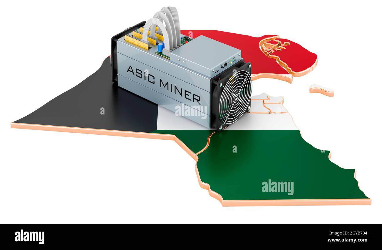 Mining in Kuwait, concept. ASIC miner with Kuwaiti map. 3D rendering ...
