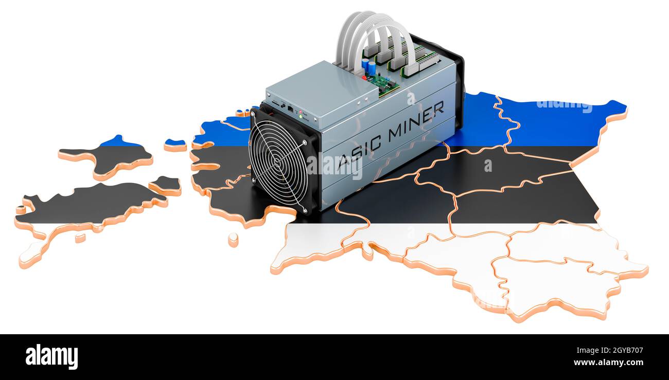 Mining in Estonia, concept. ASIC miner with Estonian map. 3D rendering ...