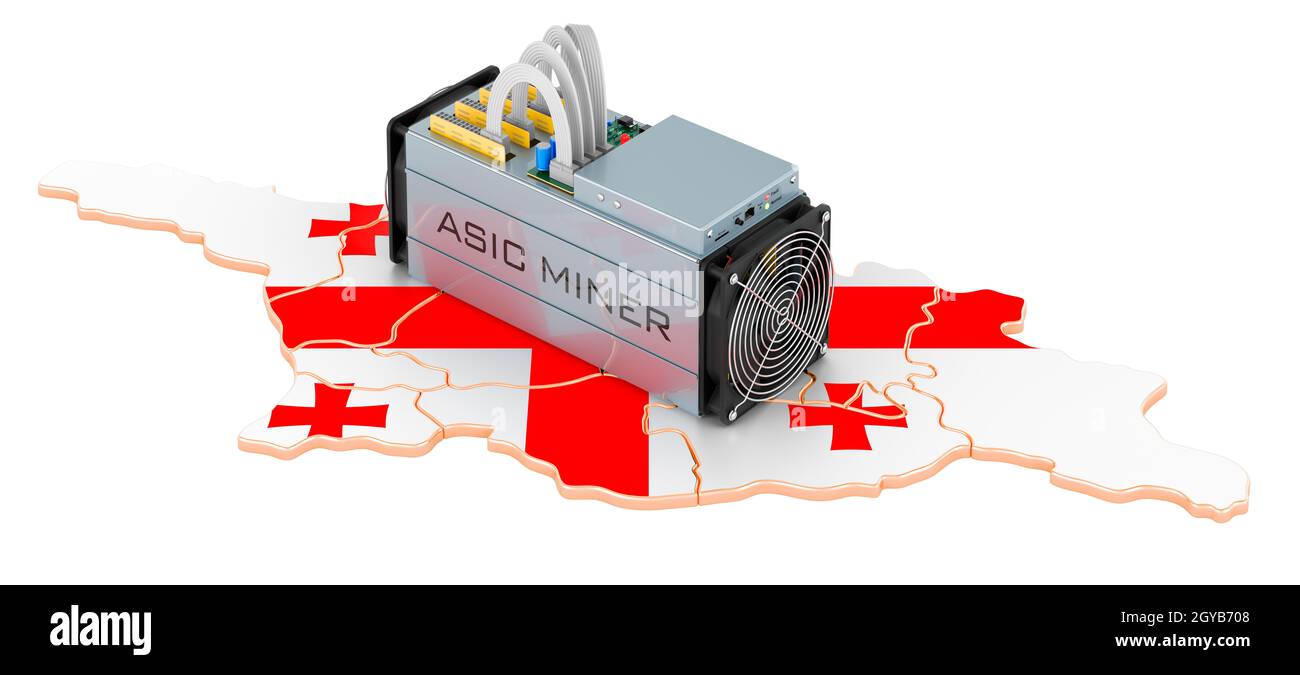 Mining in Georgia, concept. ASIC miner with Georgian map. 3D rendering ...