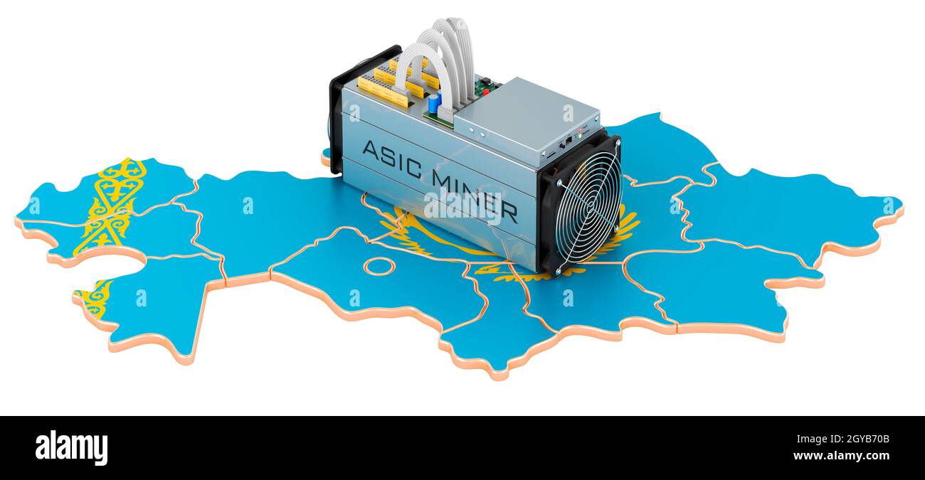 Mining in Kazakhstan, concept. ASIC miner with Kazakh map. 3D rendering isolated on white ...