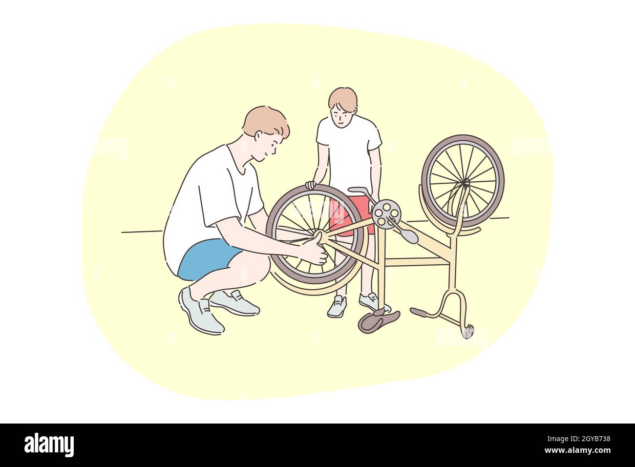Family, cycling, repair, fathers day concept. Man father mechanic dad ...