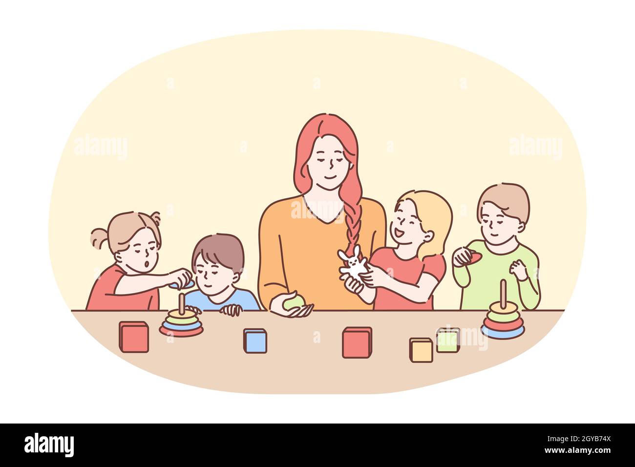 Nanny in kindergarten, babysitter, babysitting concept. Young smiling ...