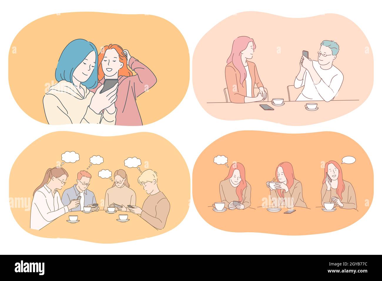 Smartphone, online communication, chatting concept. Young teen people ...