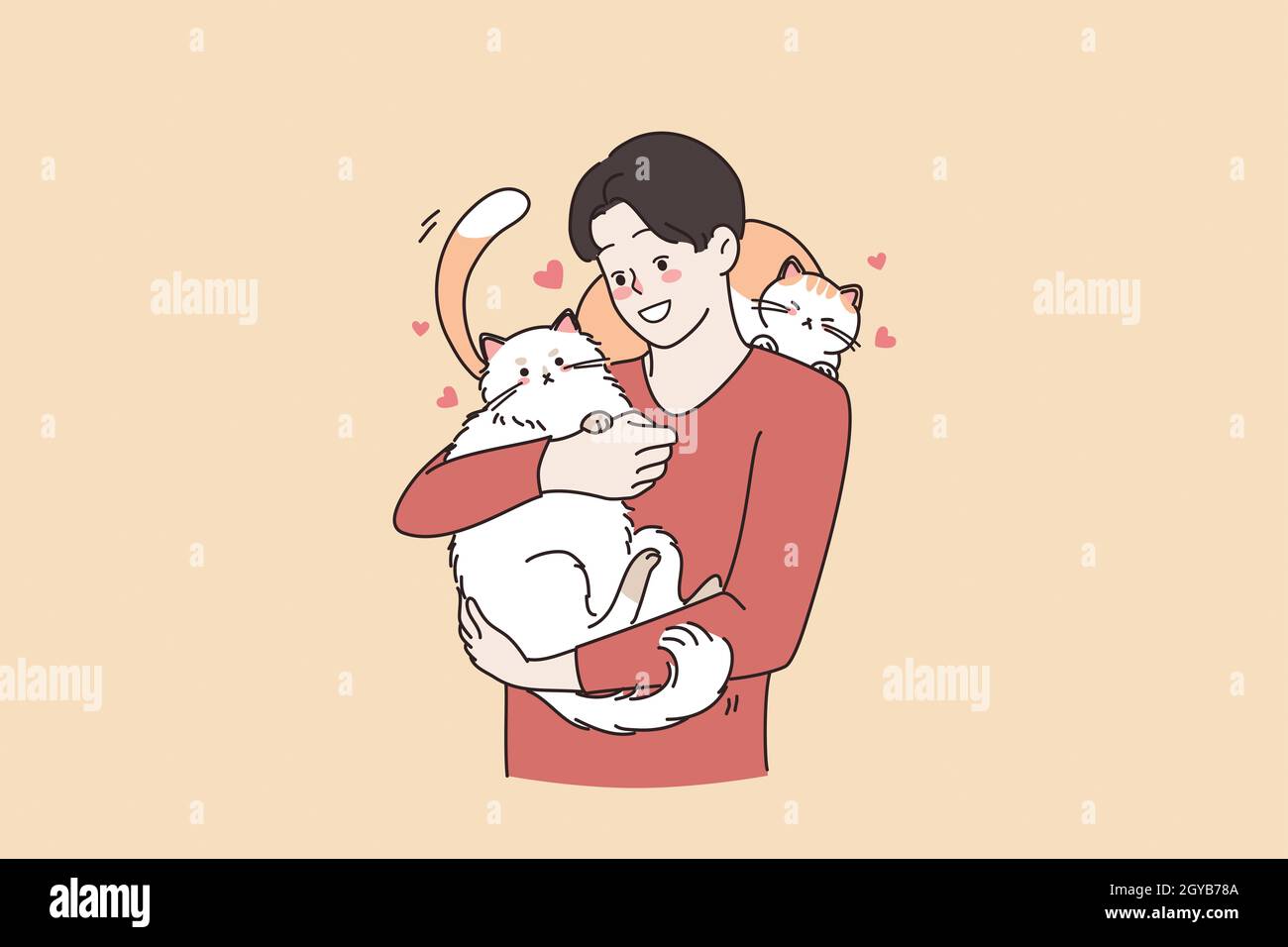 Loving animals and cat lover person concept. Young smiling loving man ...