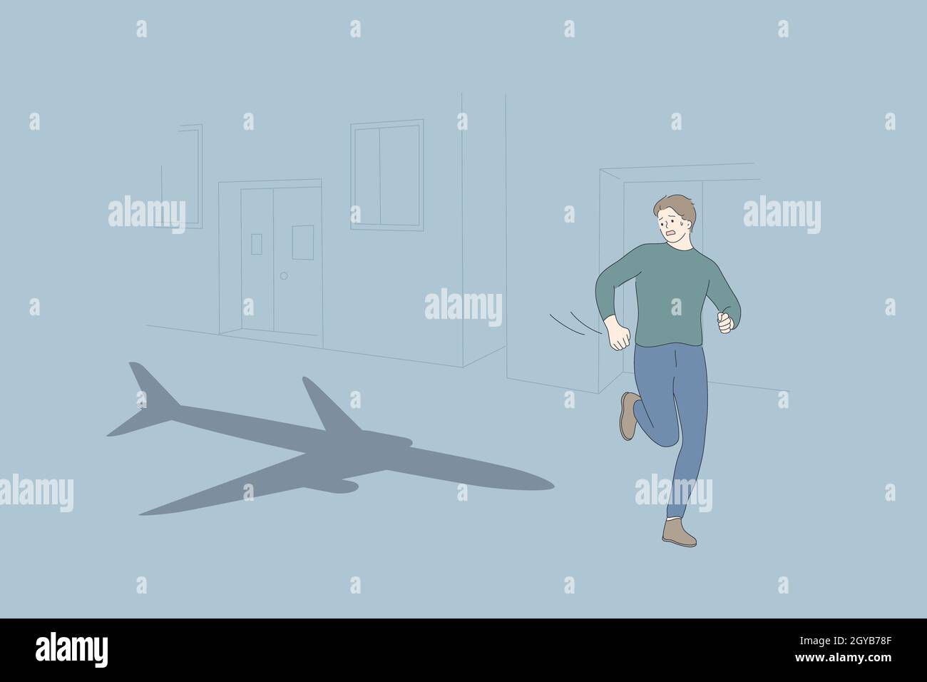 Aerophobia and psychological problem concept. Young scared man cartoon ...