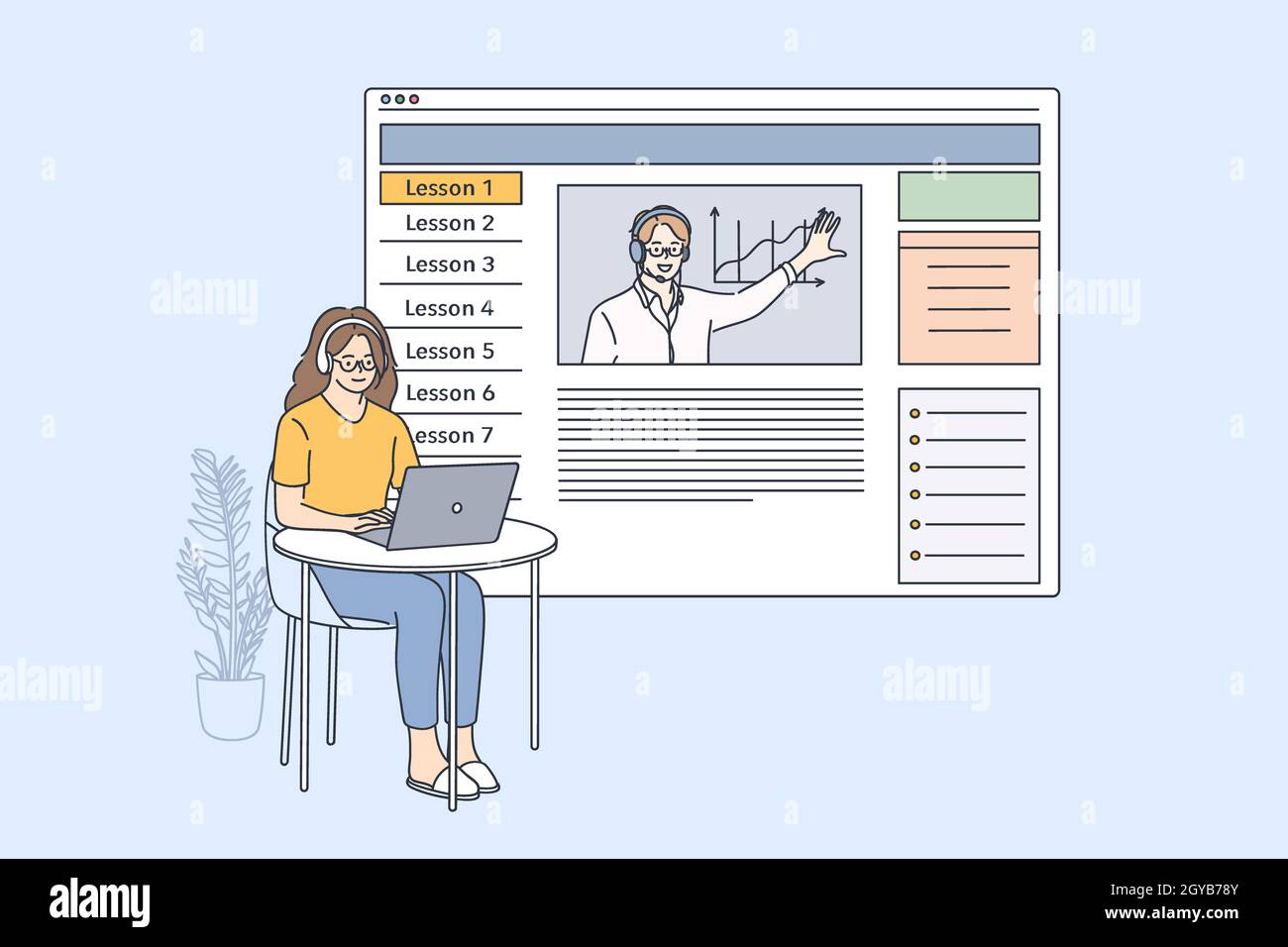 Elearning and online lesson concept. Young woman cartoon character in ...