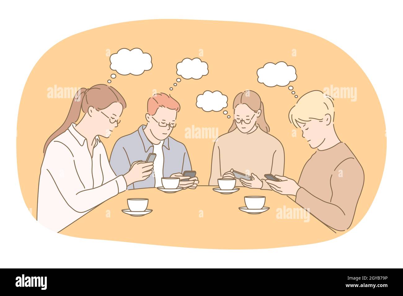 Online communication, chatting, smartphone concept. Group of young teen ...