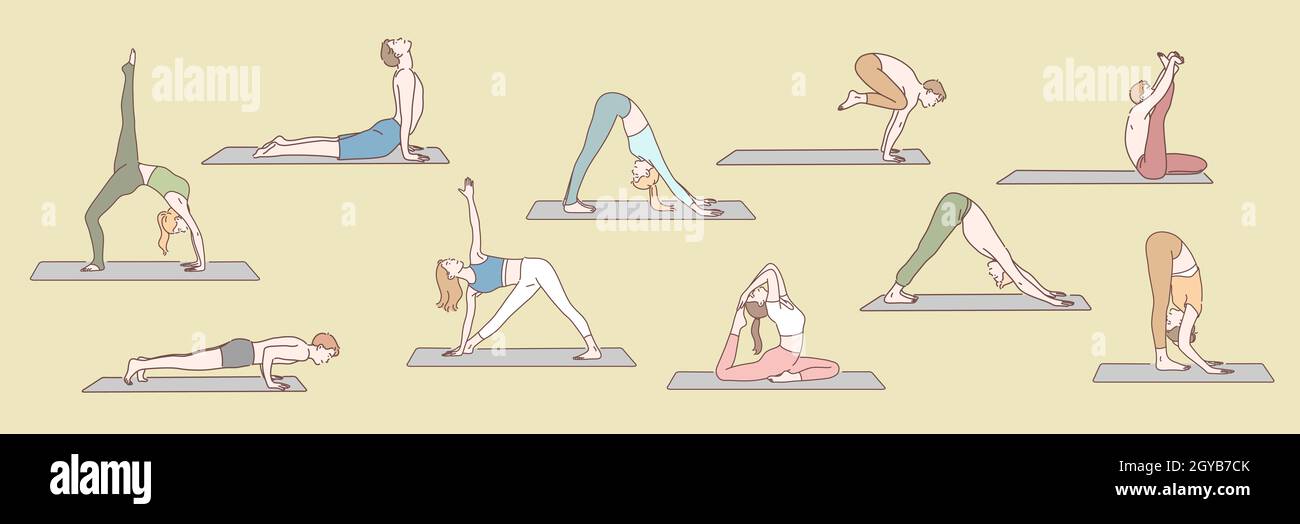 Set of people doing yoga concept. Group of young boys and girls are ...