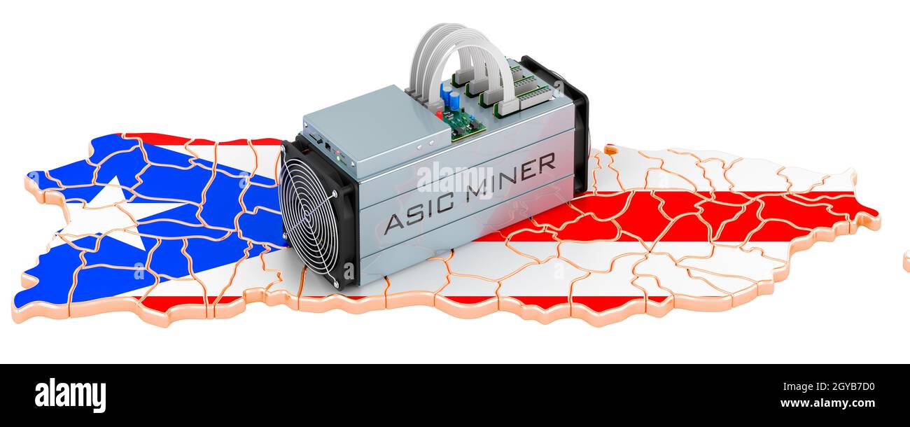 Mining in Puerto Rico, concept. ASIC miner with Puerto Rican map. 3D ...