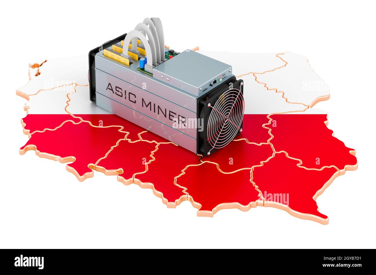 Mining in Poland, concept. ASIC miner with Polish map. 3D rendering ...
