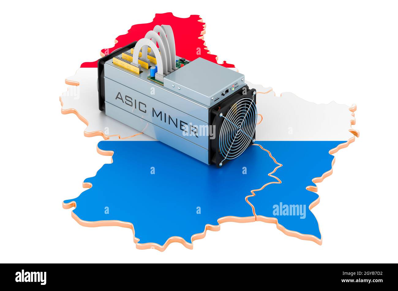 Mining in Luxembourg, concept. ASIC miner with Luxembourgish map. 3D ...