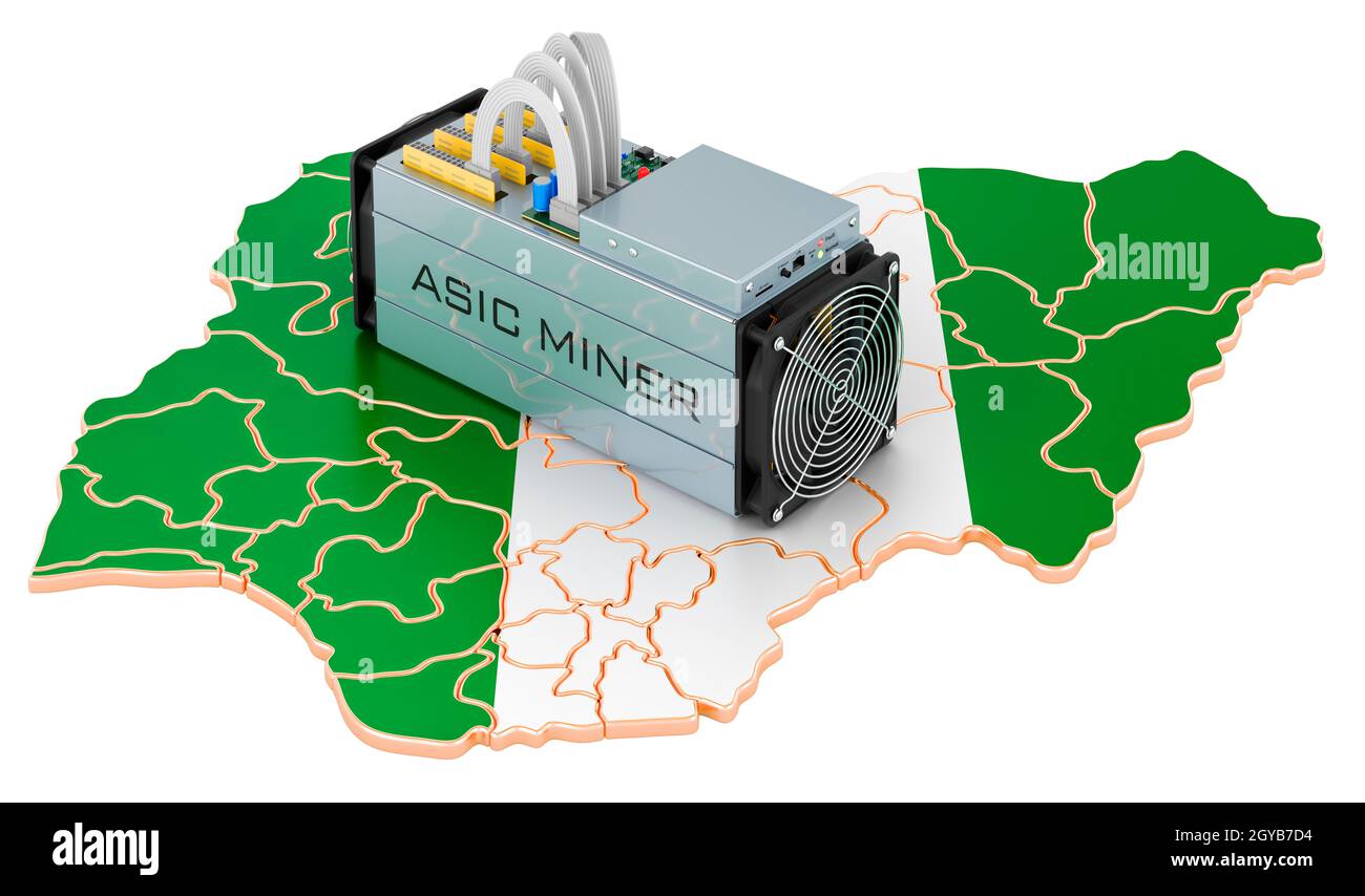Mining in Nigeria, concept. ASIC miner with Nigerian map. 3D rendering isolated on white ...
