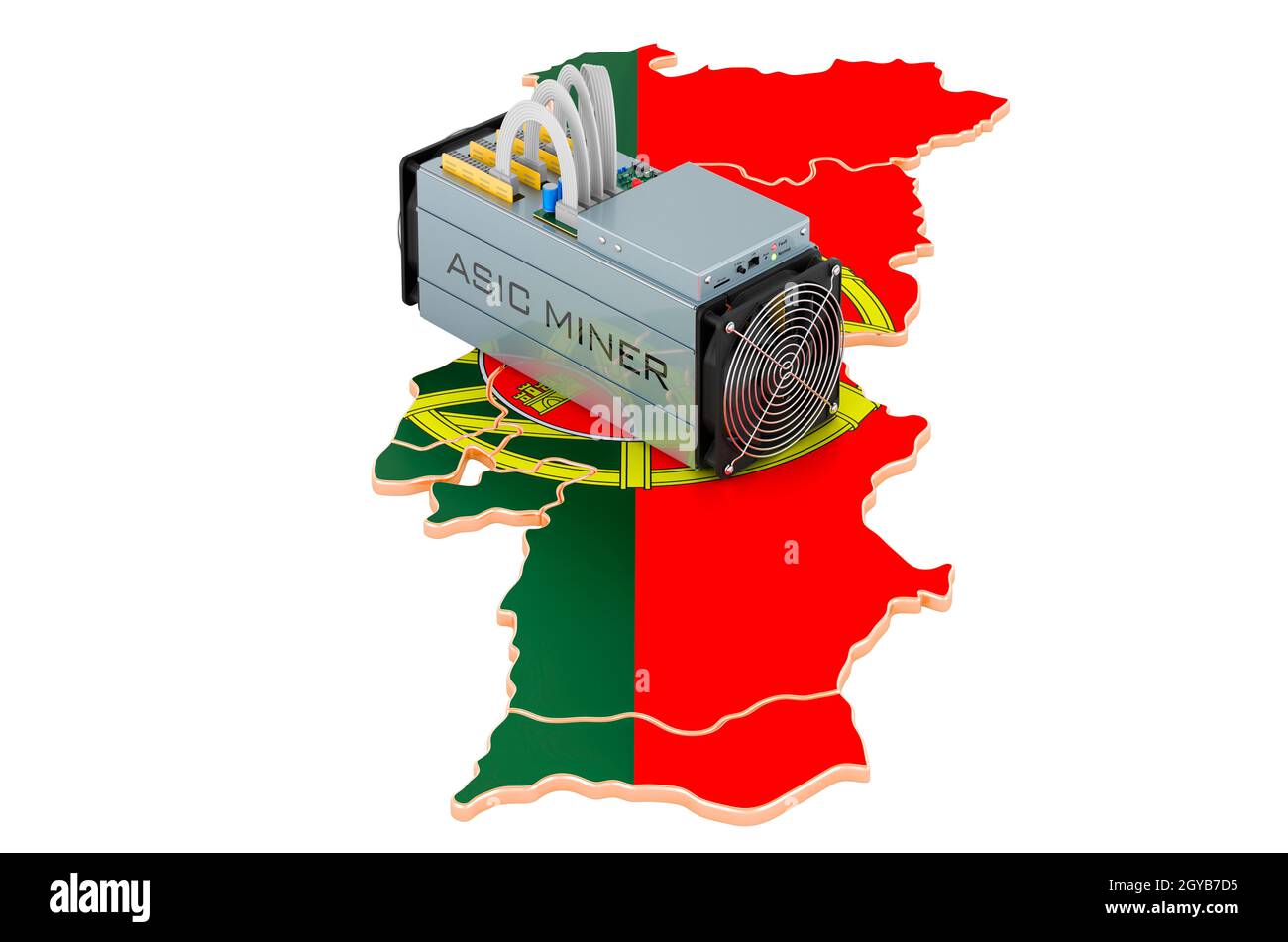 Mining in Portugal, concept. ASIC miner with Portuguese map. 3D ...