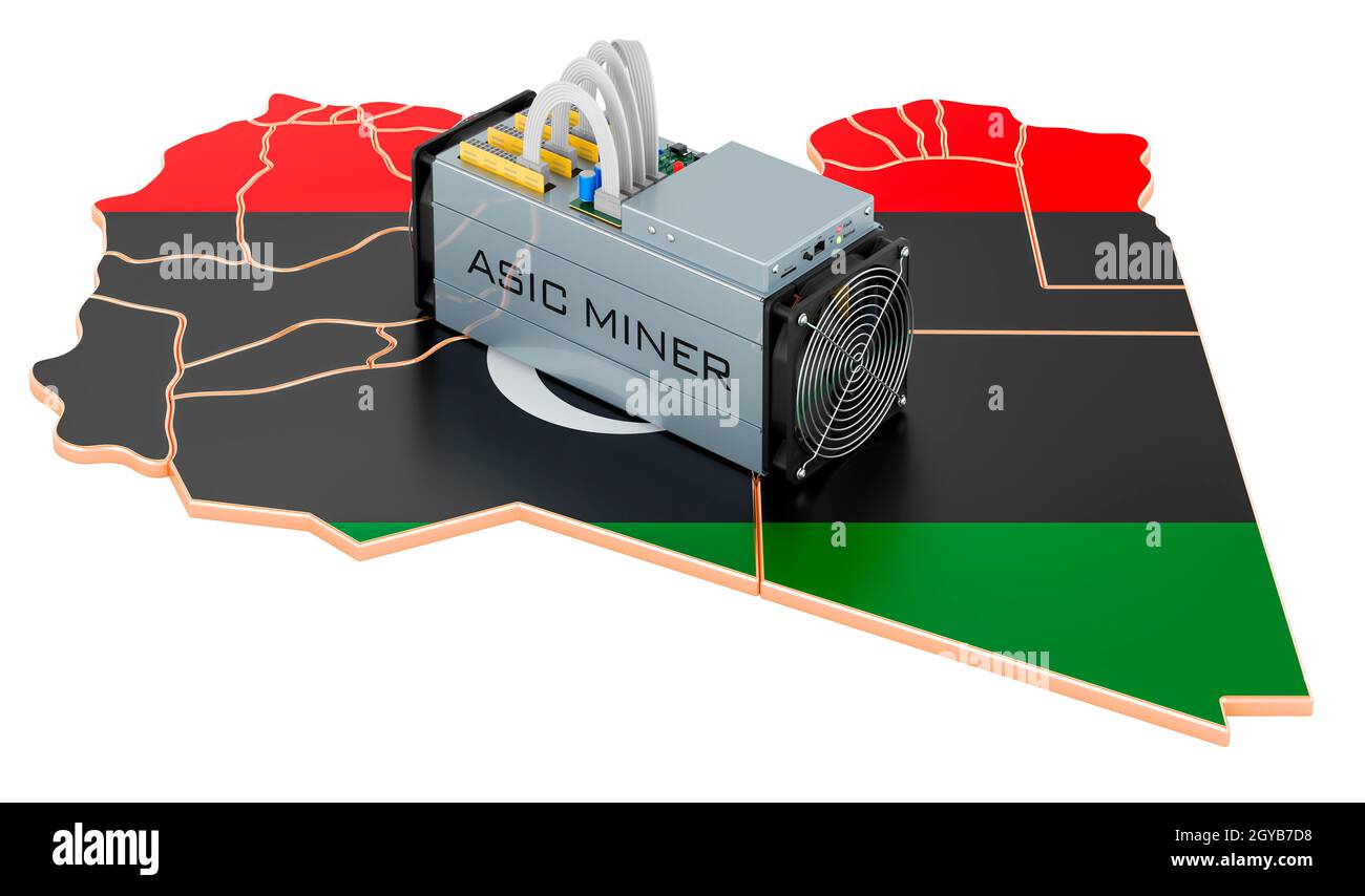 Mining in Libya, concept. ASIC miner with Libyan map. 3D rendering ...