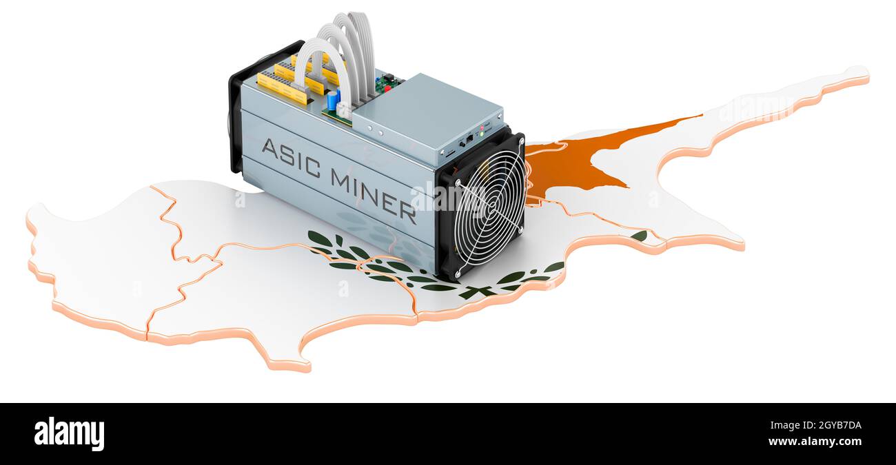 Mining in Cyprus, concept. ASIC miner with Cypriot map. 3D rendering ...