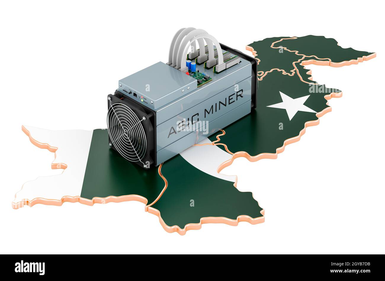 Mining in Pakistan, concept. ASIC miner with Pakistani map. 3D rendering isolated on white ...