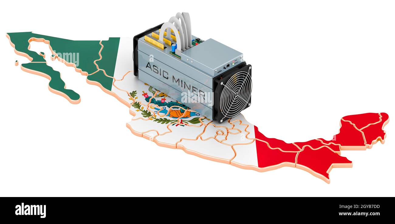 Mining in Mexico, concept. ASIC miner with Mexican map. 3D rendering ...
