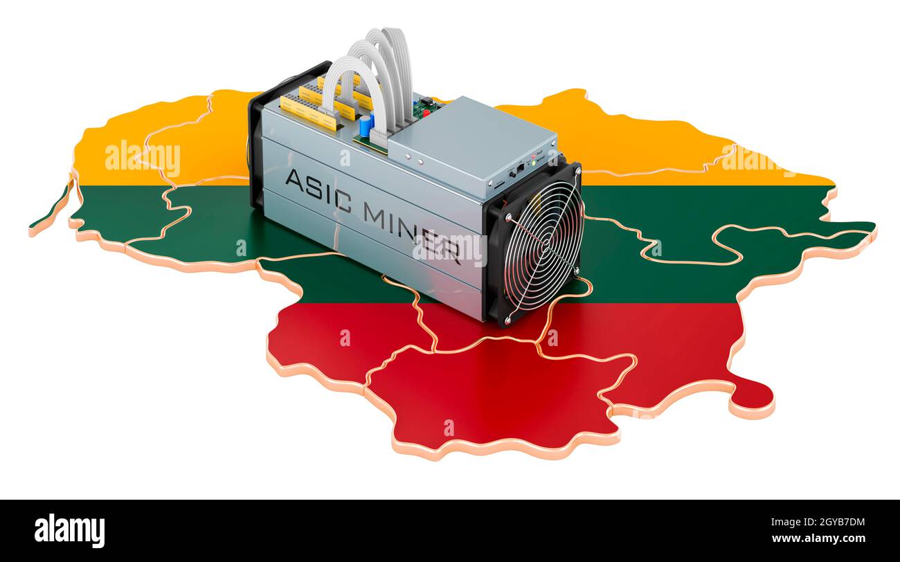 Mining in Lithuania, concept. ASIC miner with Lithuanian map. 3D ...
