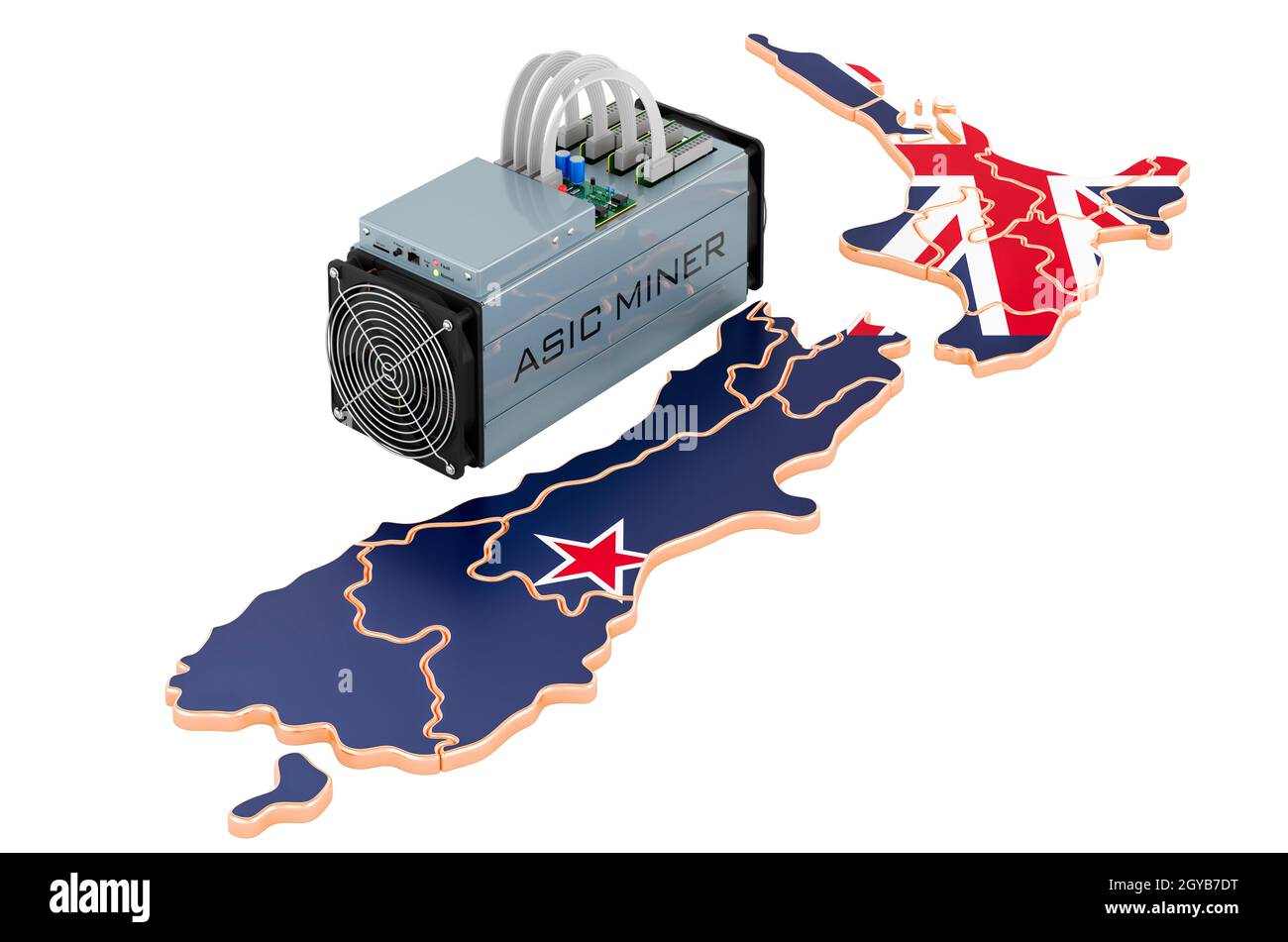 Mining in New Zealand, concept. ASIC miner with New Zealand map. 3D ...
