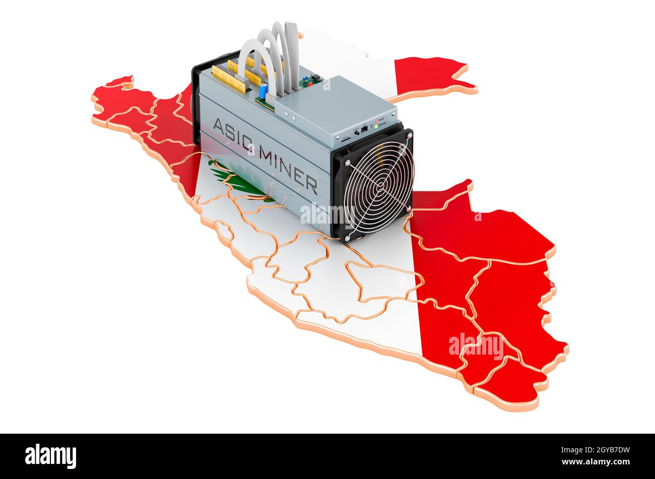 Mining in Peru, concept. ASIC miner with Peruvian map. 3D rendering ...