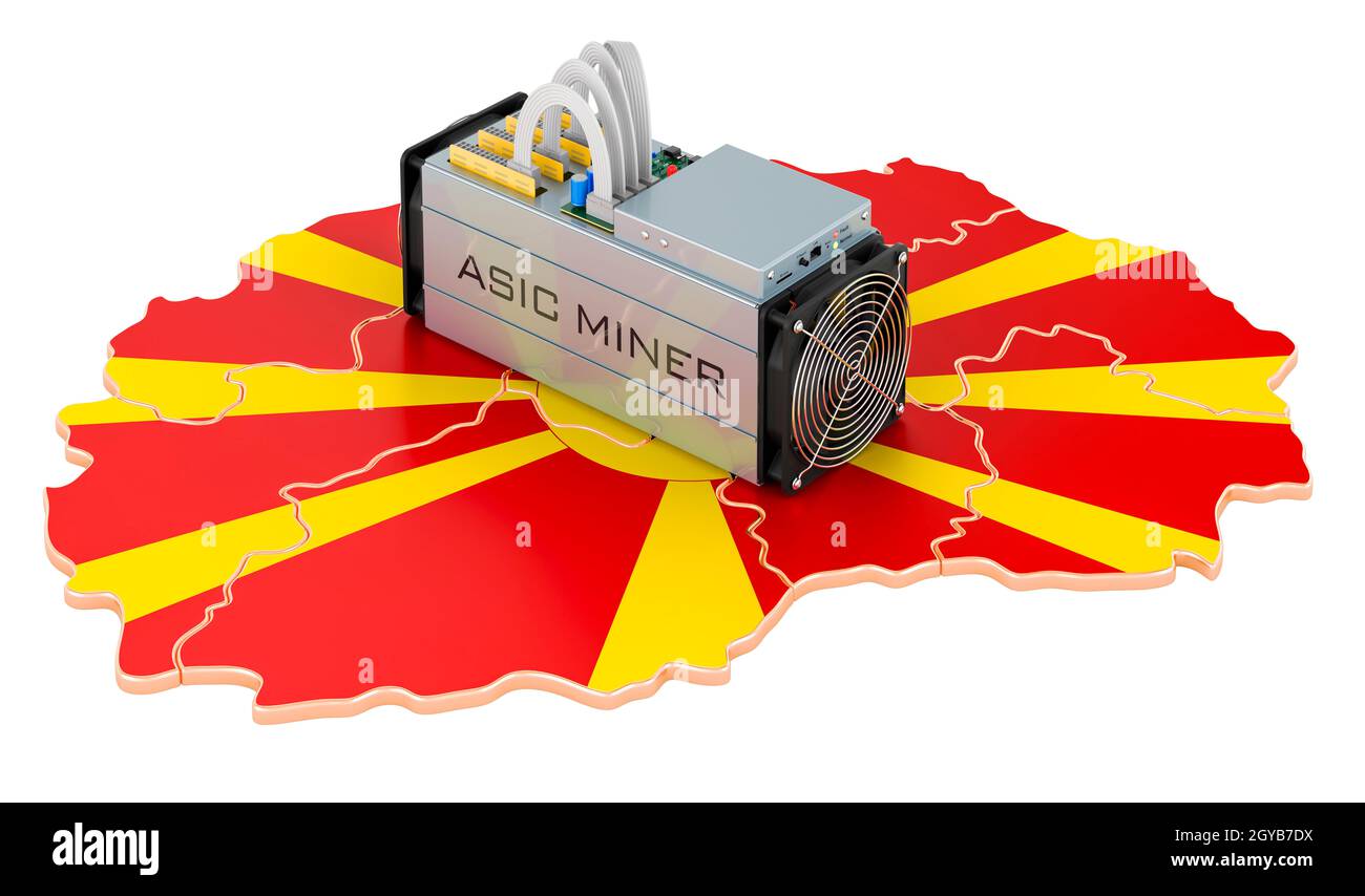 Mining in Macedonia, concept. ASIC miner with Macedonian map. 3D ...